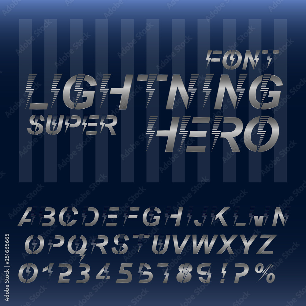 Lightning Super hero font alphabet. Silver metallic letters and numbers ...
