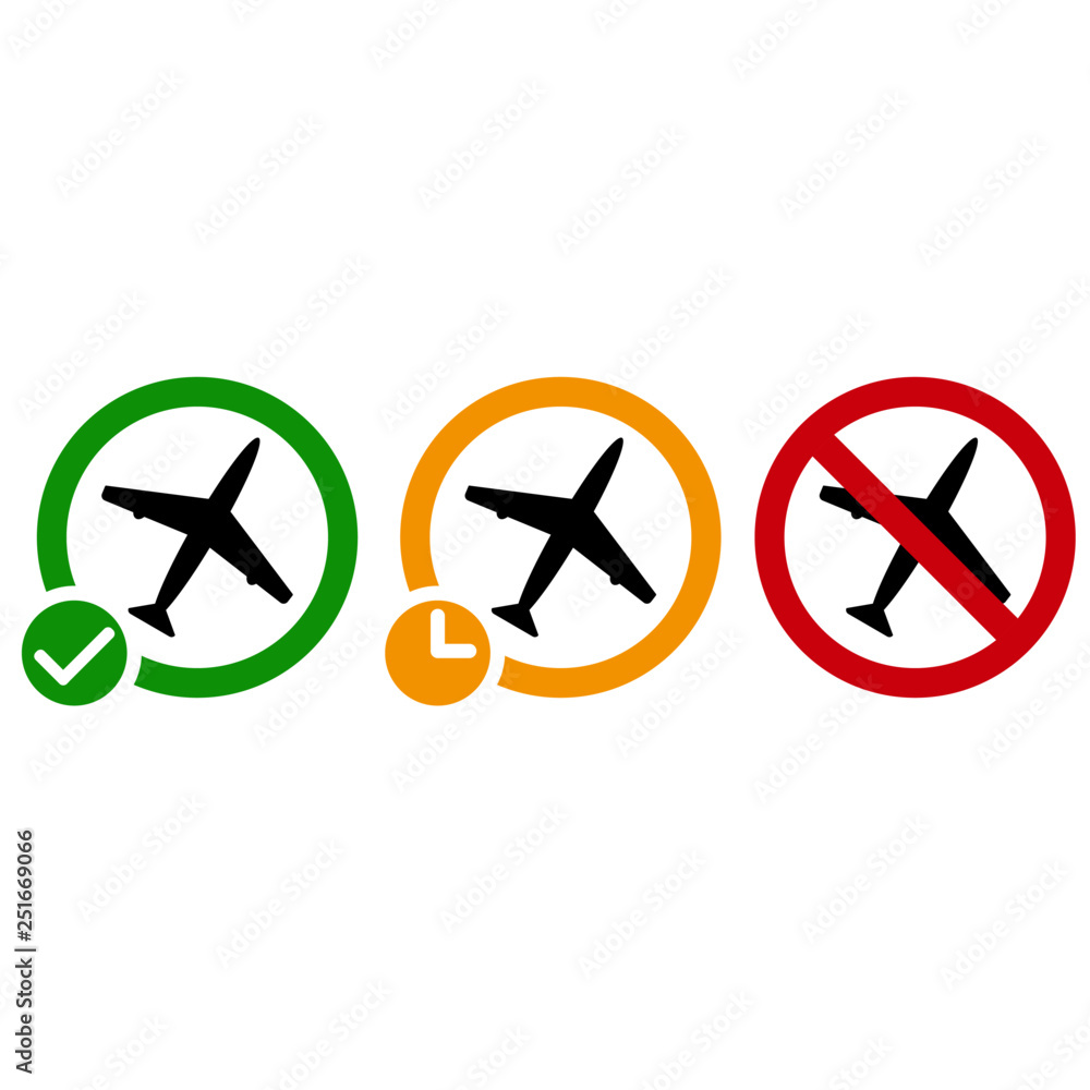 Airport information icons. Flight status on time, delayed and cancelled ...