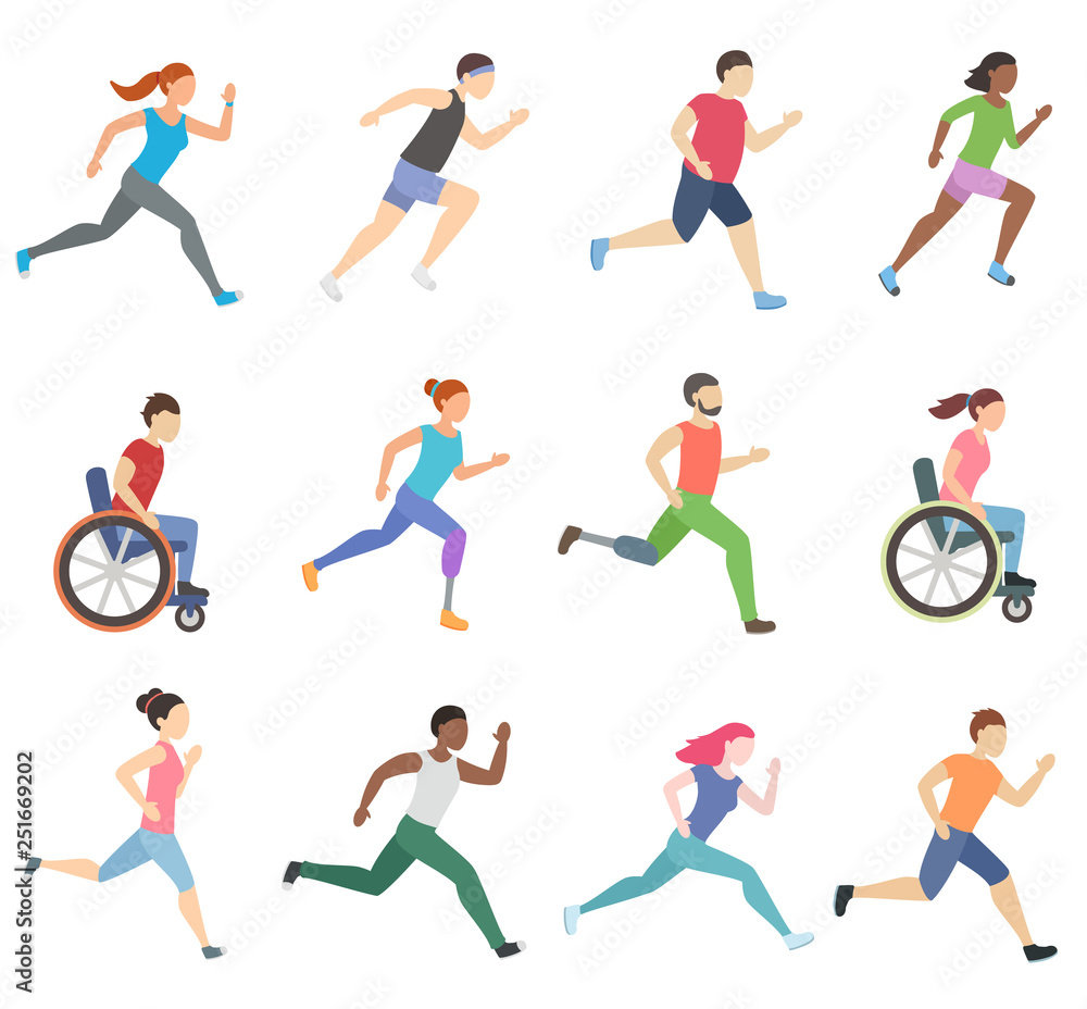 People run and ride in wheelchair. Disabled people moving forward. Man ...