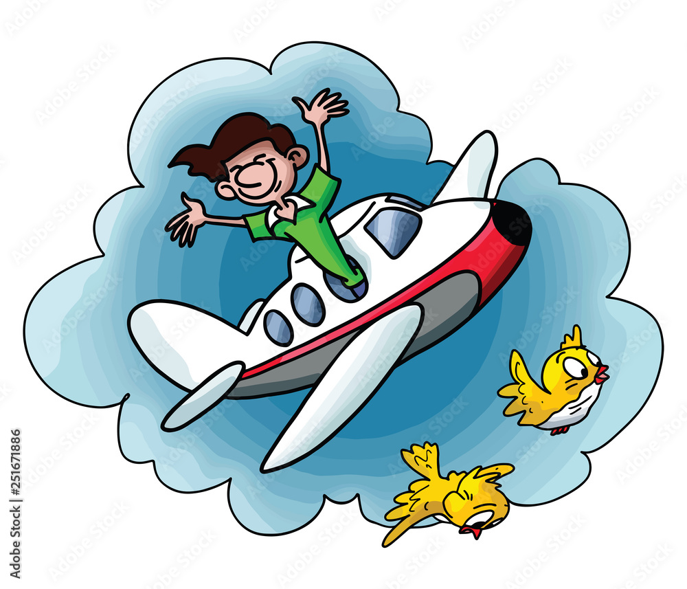 Cartoon man travelling by plane going on a vacation vector illustration ...