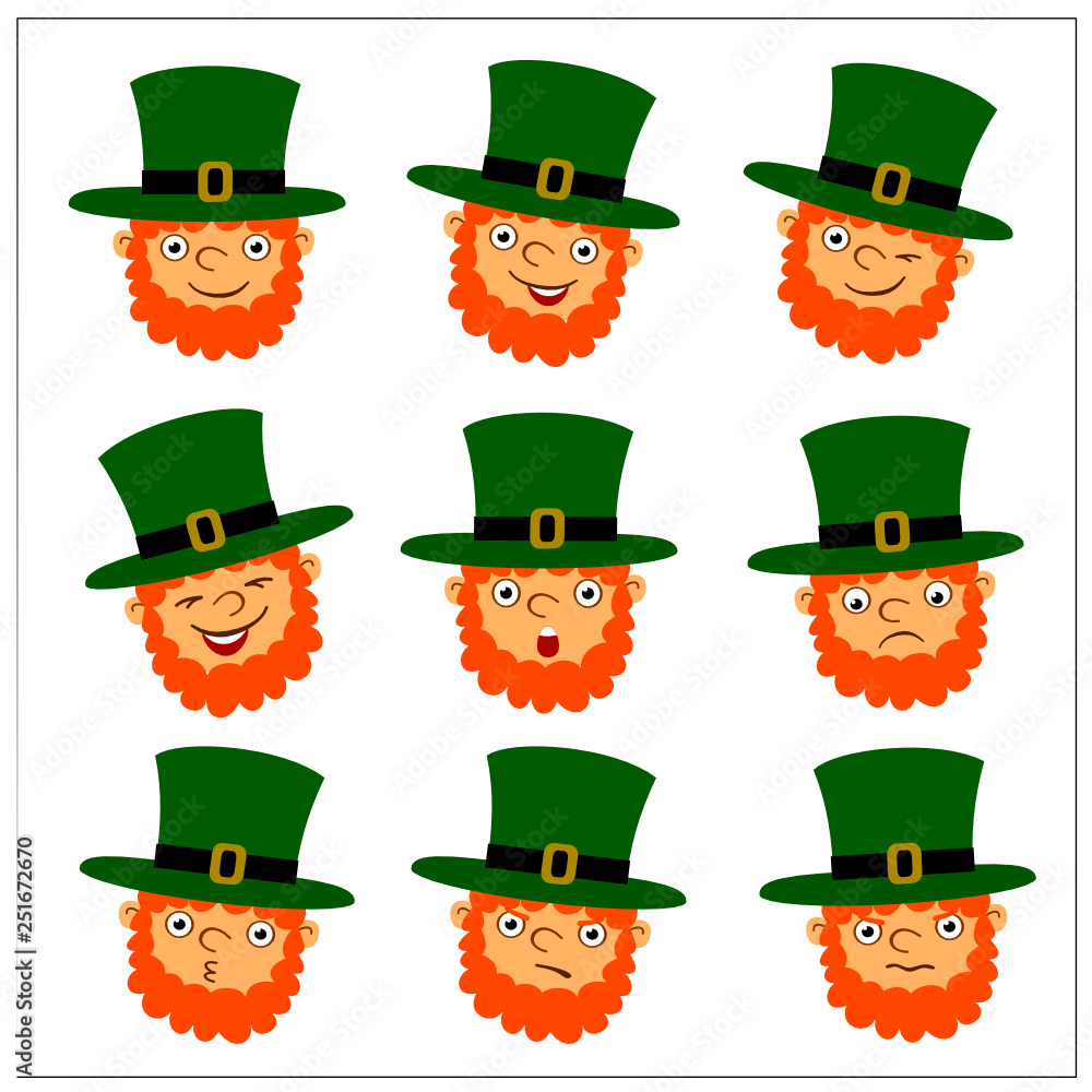 Set of funny leprechaun faces with different emotions for St. Patrick's ...