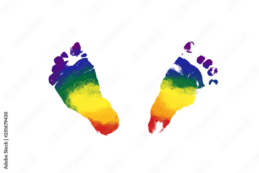Bright rainbow tiny baby's feet prints on white background, symbol of ...
