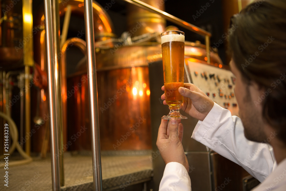 Back view of brewer inspecting beer, holding it in hands. Worker of ...