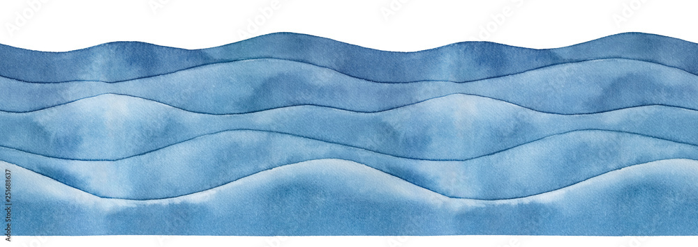 Marine waves watercolour seamless border. Decorative horizontal lines ...