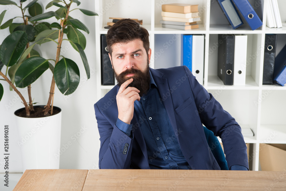 Answer common interview questions. Man bearded hr manager sit in office ...