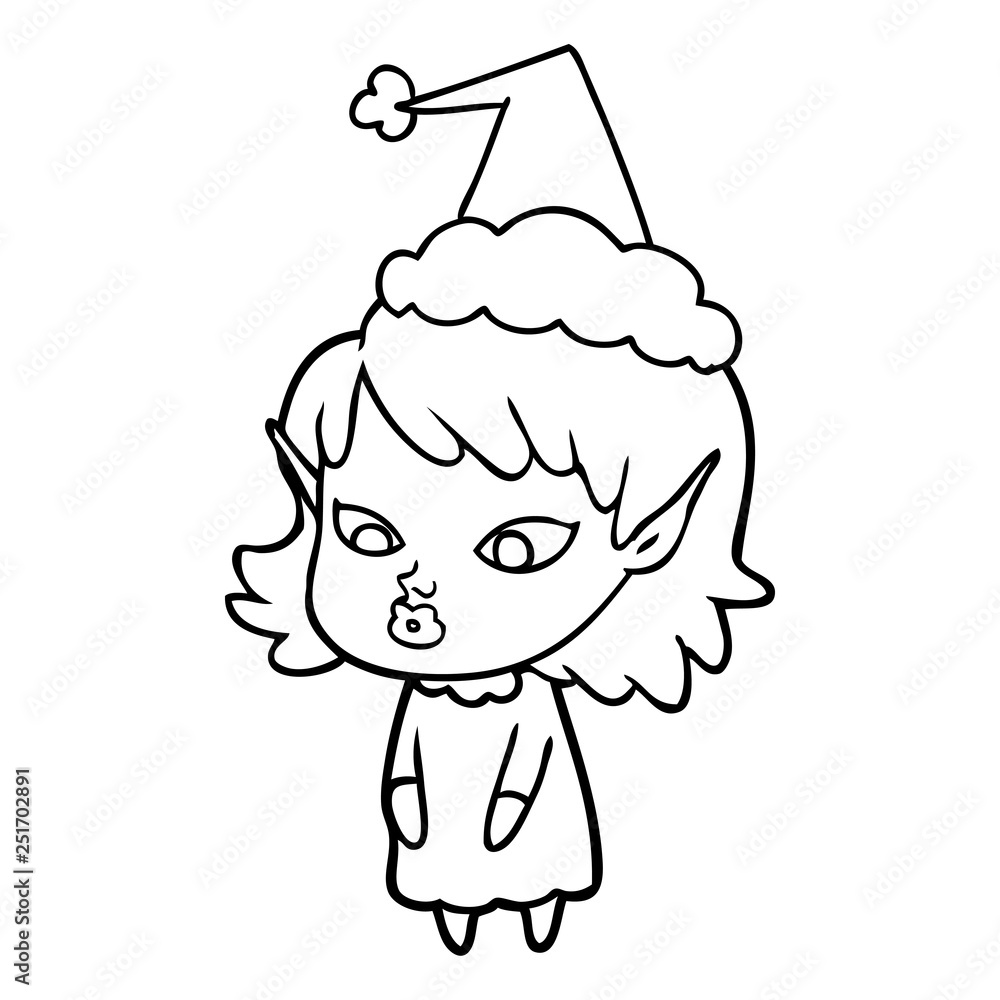 line drawing of a elf girl with pointy ears wearing santa hat Stock ...