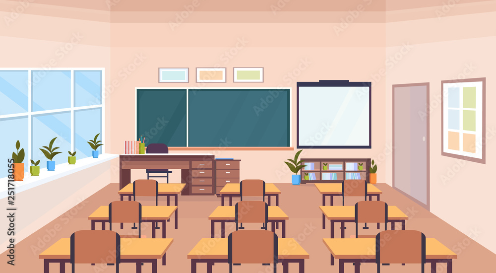modern school classroom interior chalk board desks empty no people ...