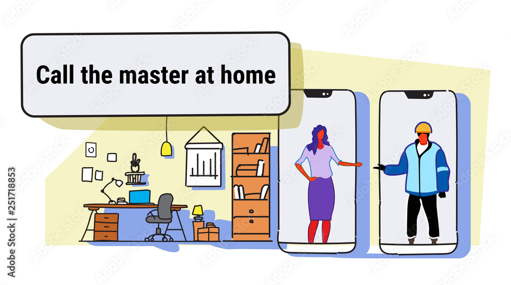 woman calling master at home using mobile app house renovation concept ...