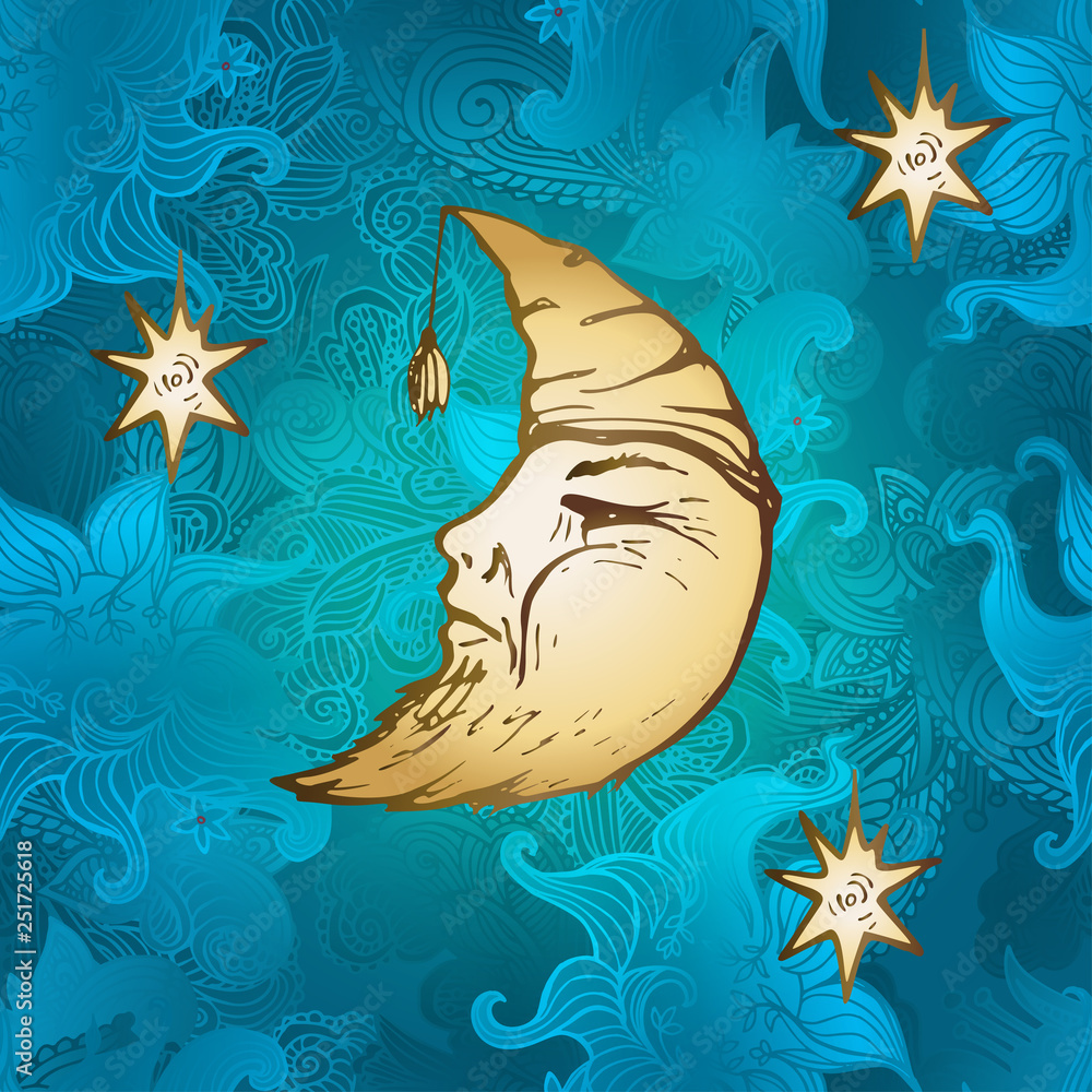 Seamless texture with stylized night cloudy sky and hand-drawn stars ...