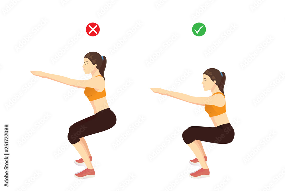 Woman Doing Correct Air Squat Exercise Position And Wrong For Compare