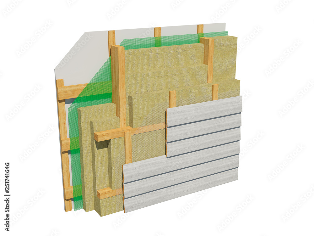 3d render image of insulated frame house wall. Detailed concept of ...