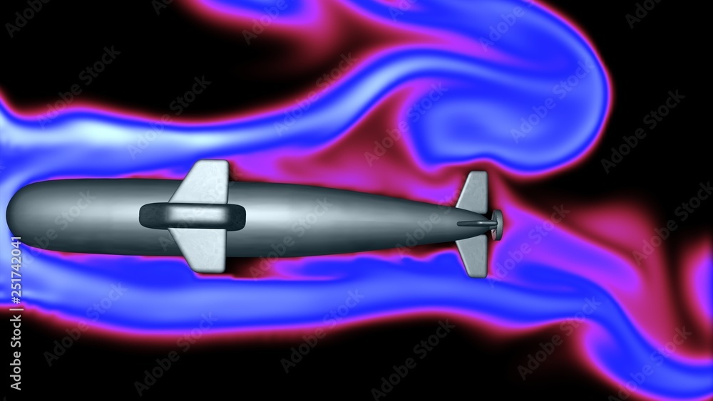 Fluid , air flow around submarine body. Hydrodynamics . Top view. 3d ...