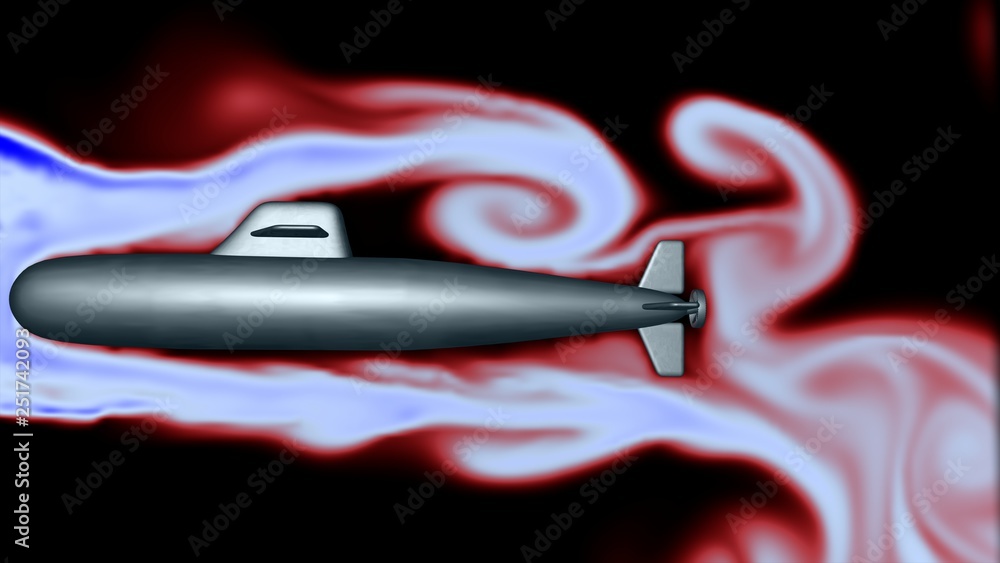 Fluid , air flow around submarine body. Hydrodynamics . Side view. 3d ...