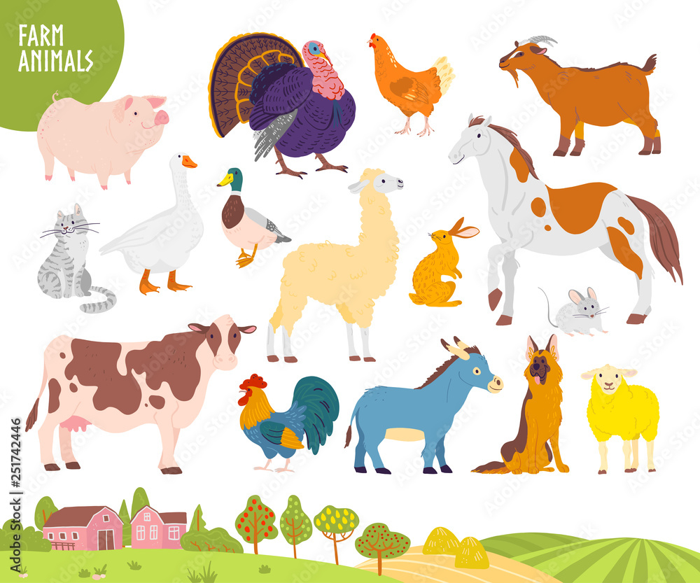 Vector set of farm animal: pig, chicken, cow, horse etc with cozy ...