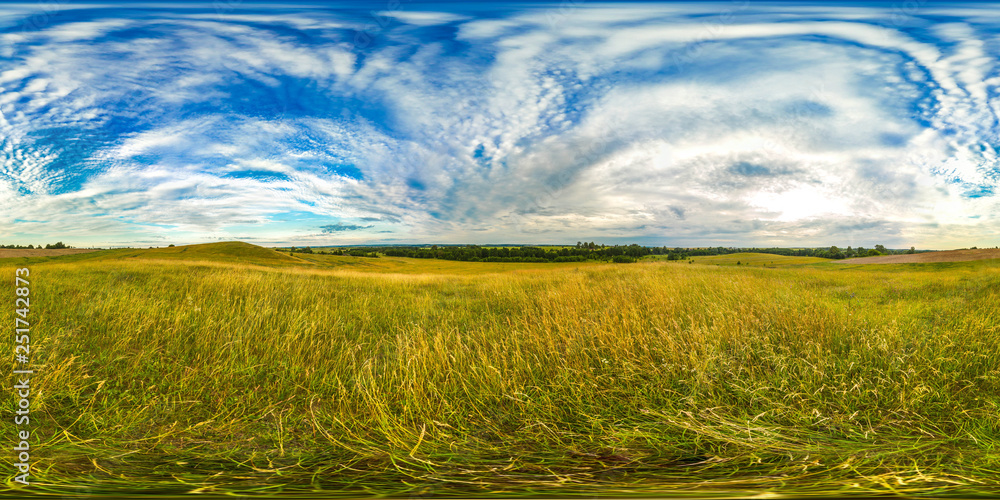 Sunset or sunrise in the green field with blue sky. Image with 3D ...