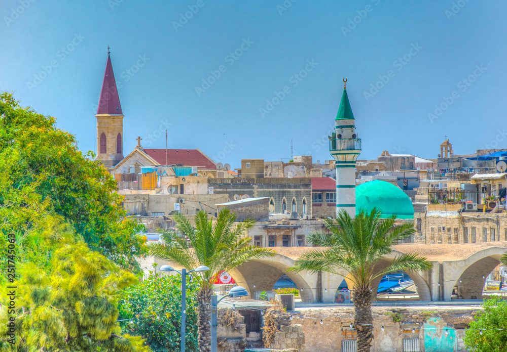 Cityscape of Akko dominated by Al Jazzar mosque and terra sancta church ...