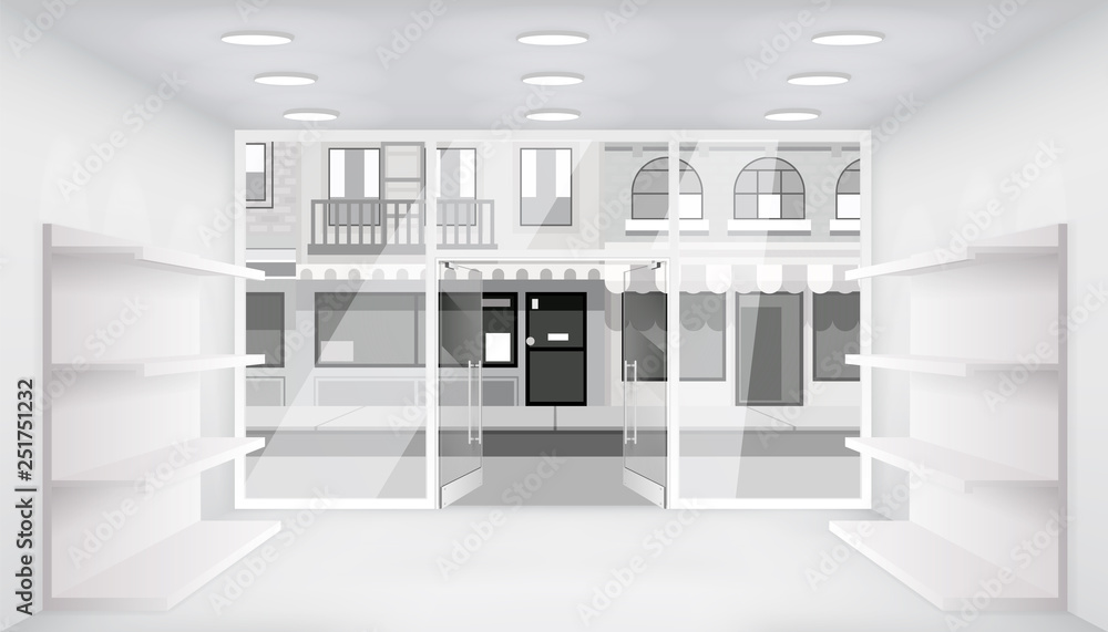 City street open doors store interior 3d shop empty trade shelves space ...