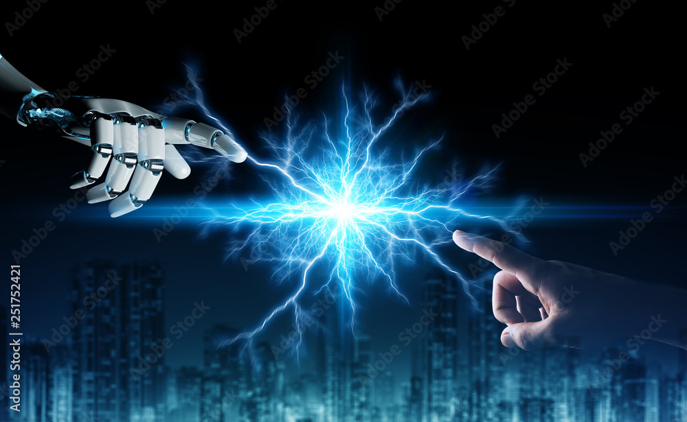 Robot hand creating electricity with human hand 3D rendering Stock ...
