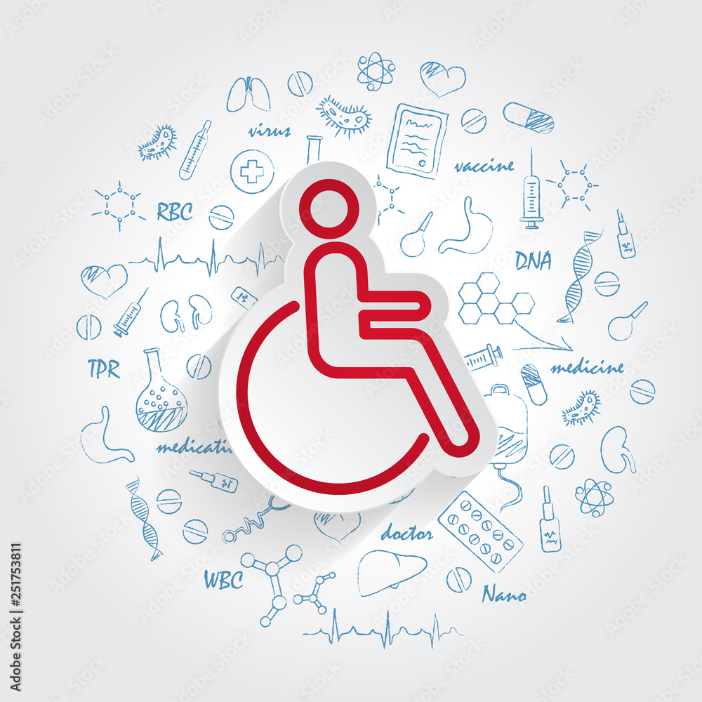 Disabled icon in trendy style isolated on handdrawn healthcare doodles ...