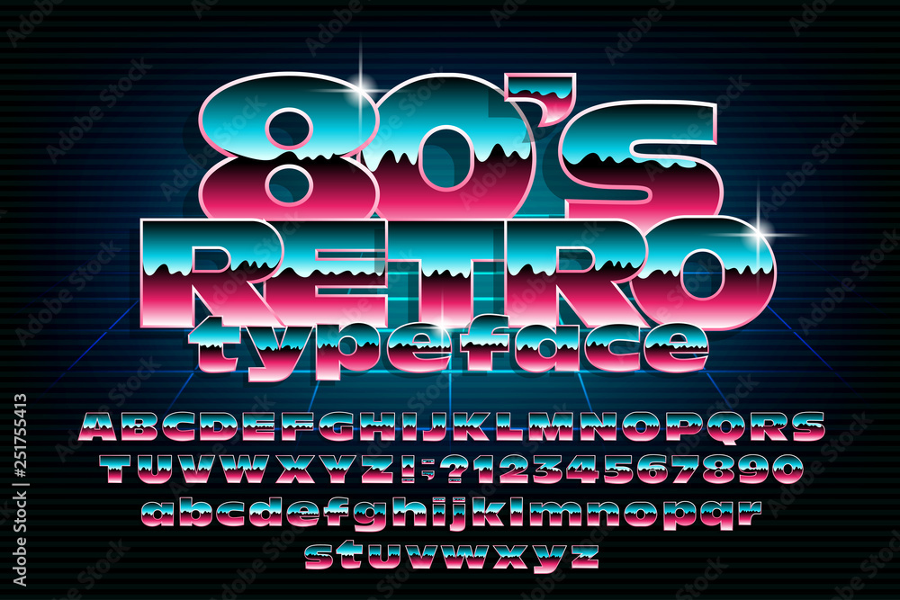 80s retro typeface. Uppercase and lowercase letters and numbers. Stock ...