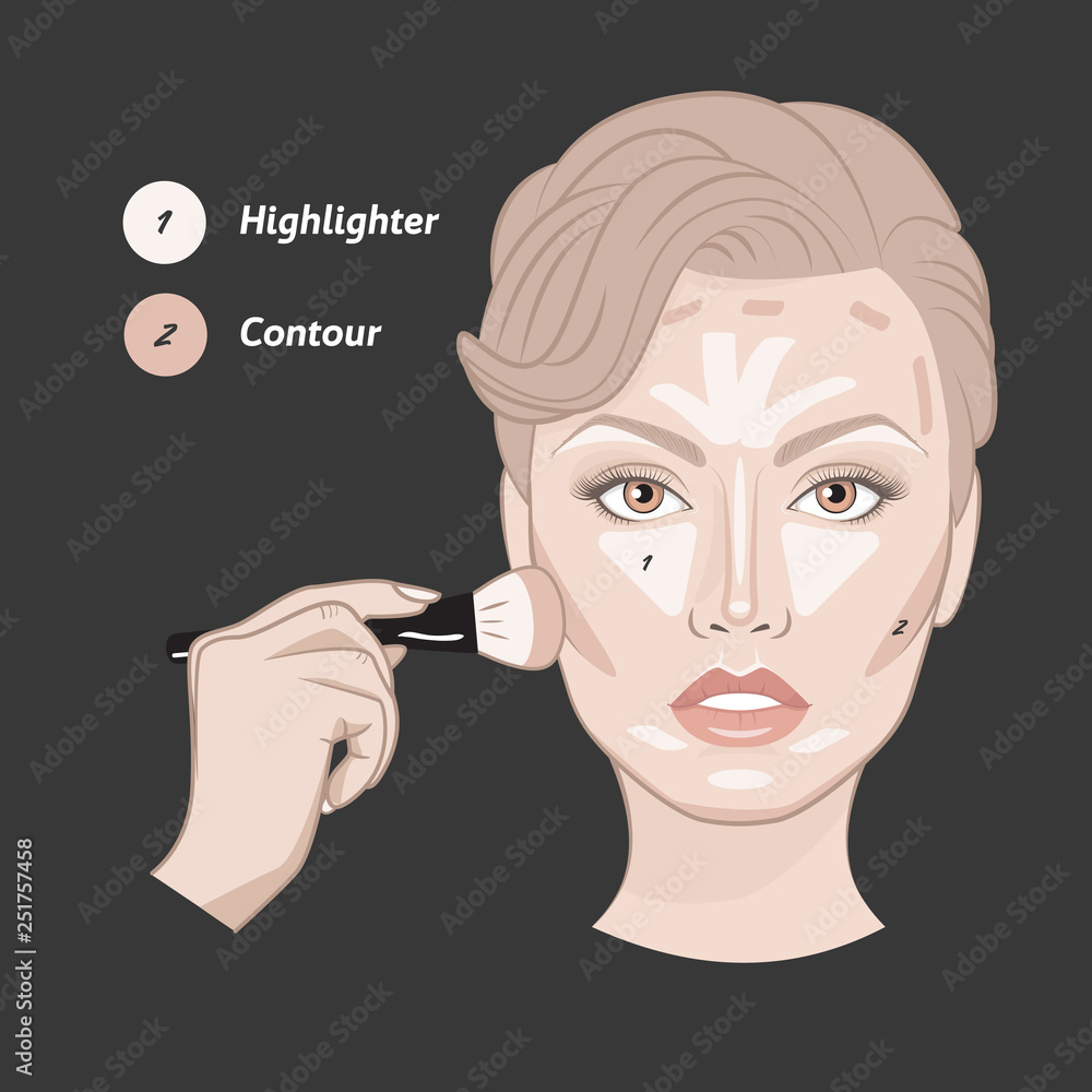 Face shape contour guide. Vector illustration. Woman's face and hand ...