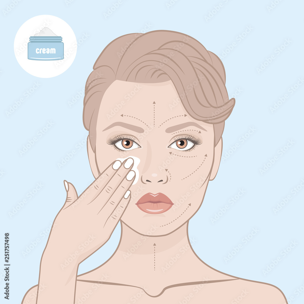 Beauty woman face and cream jar. Girl put the cream on her face. Scheme ...
