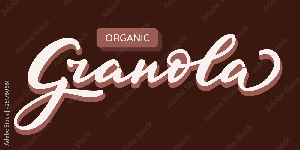 Organic Granola - hand lettering with font. Package design in brown ...
