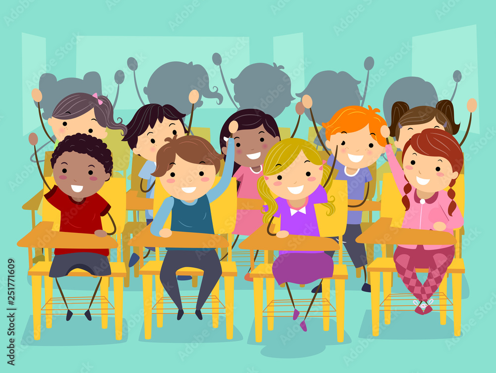 Stickman Kids Classroom Raise Hands Illustration Stock Vector | Adobe Stock
