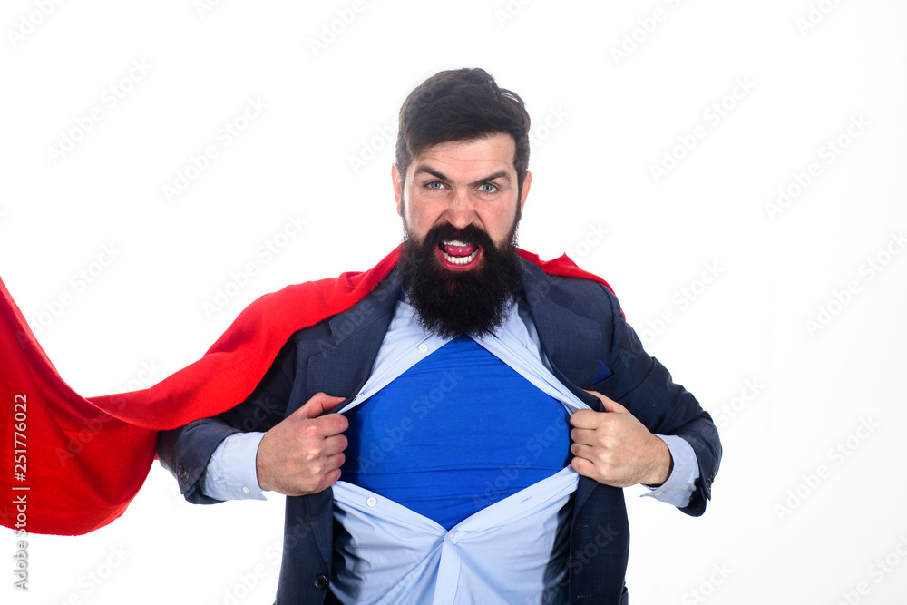 Bearded businessman screaming. Superman in red cape showing blue shirt ...