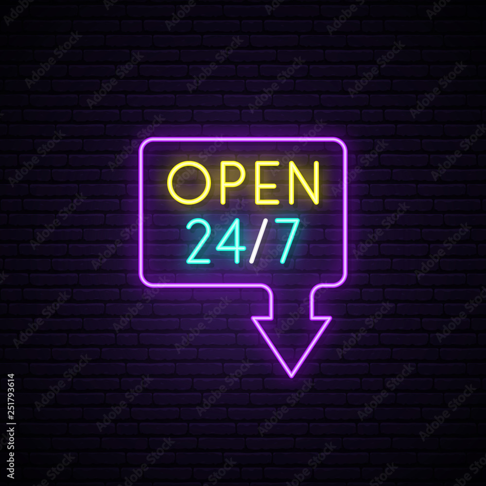 Open 24/7 neon sign. Light vector banner. Realistic glowing design ...