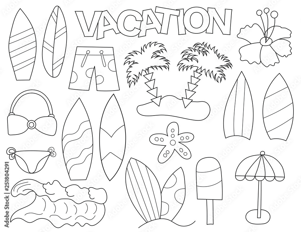 Tropical vacation set of icons and objects. Hand drawn doodle summer ...