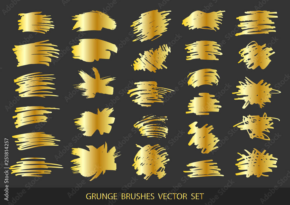 Set of gold paint, ink brush strokes, brushes, lines. Dirty artistic ...