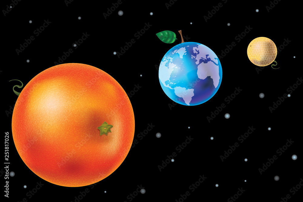 The sun, the earth and the Moon are depicted as fruits of orange, Apple ...