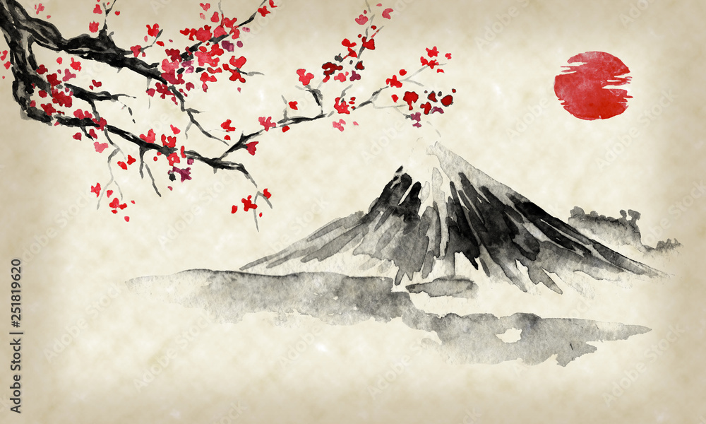 Japan traditional sumi-e painting. Fuji mountain, sakura, sunset. Japan ...