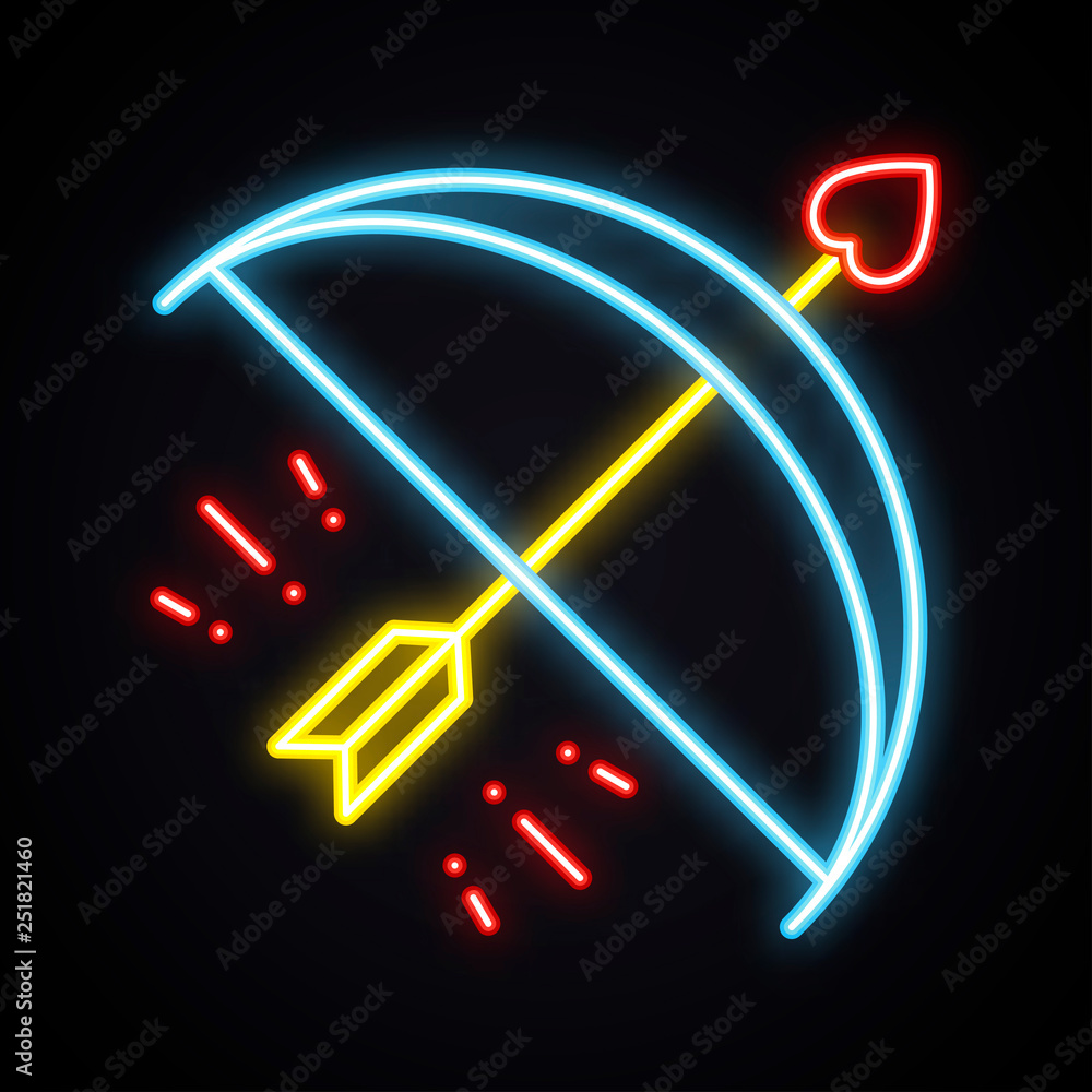 Neon cupid arrow sign. Bright Valentine's day symbol. Love, couple ...
