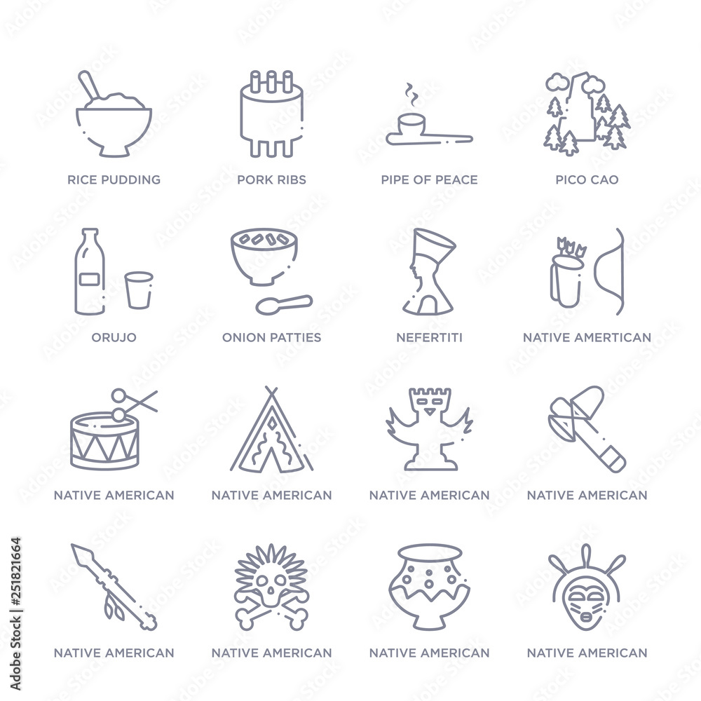 set of 16 thin linear icons such as native american mask, native ...