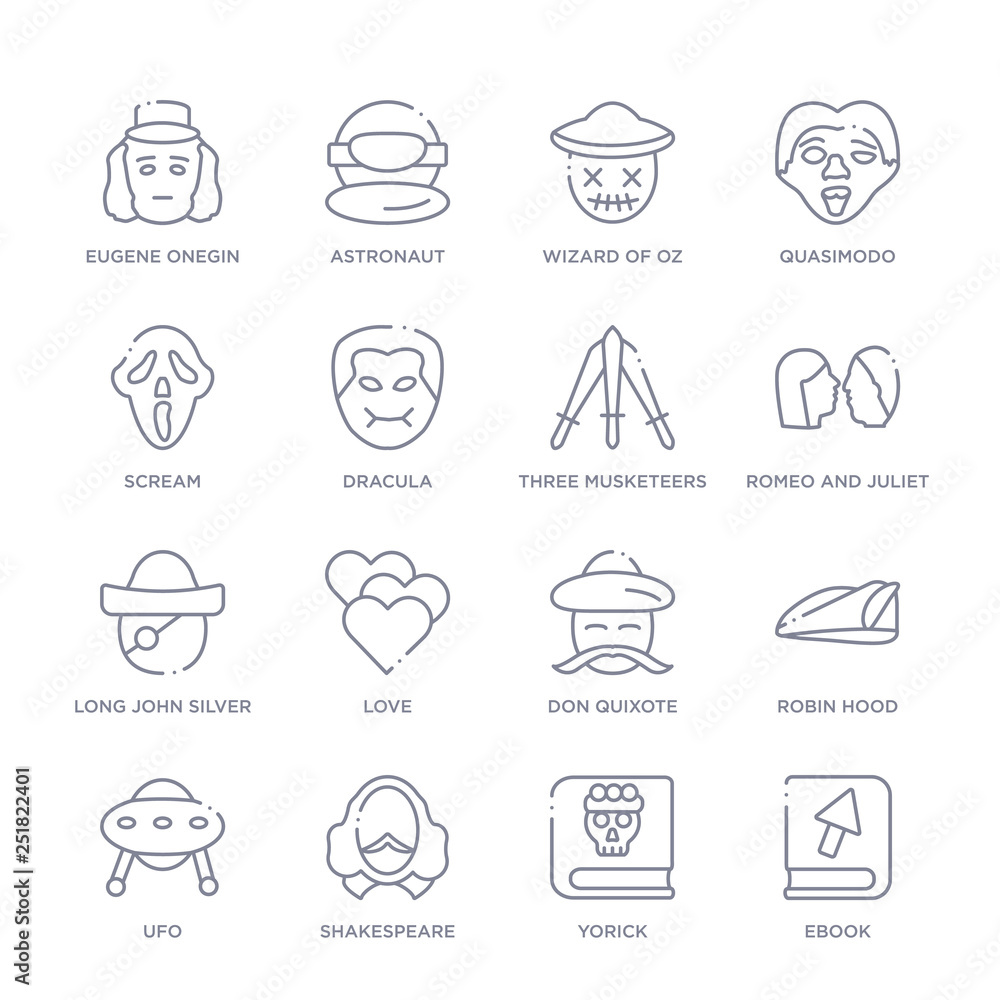 set of 16 thin linear icons such as ebook, yorick, shakespeare, ufo ...