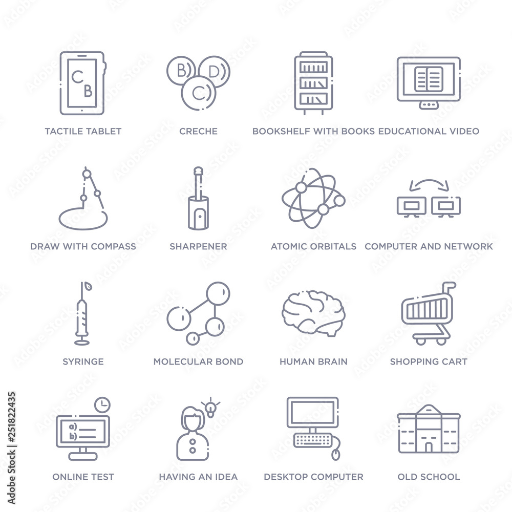 set of 16 thin linear icons such as old school, desktop computer ...