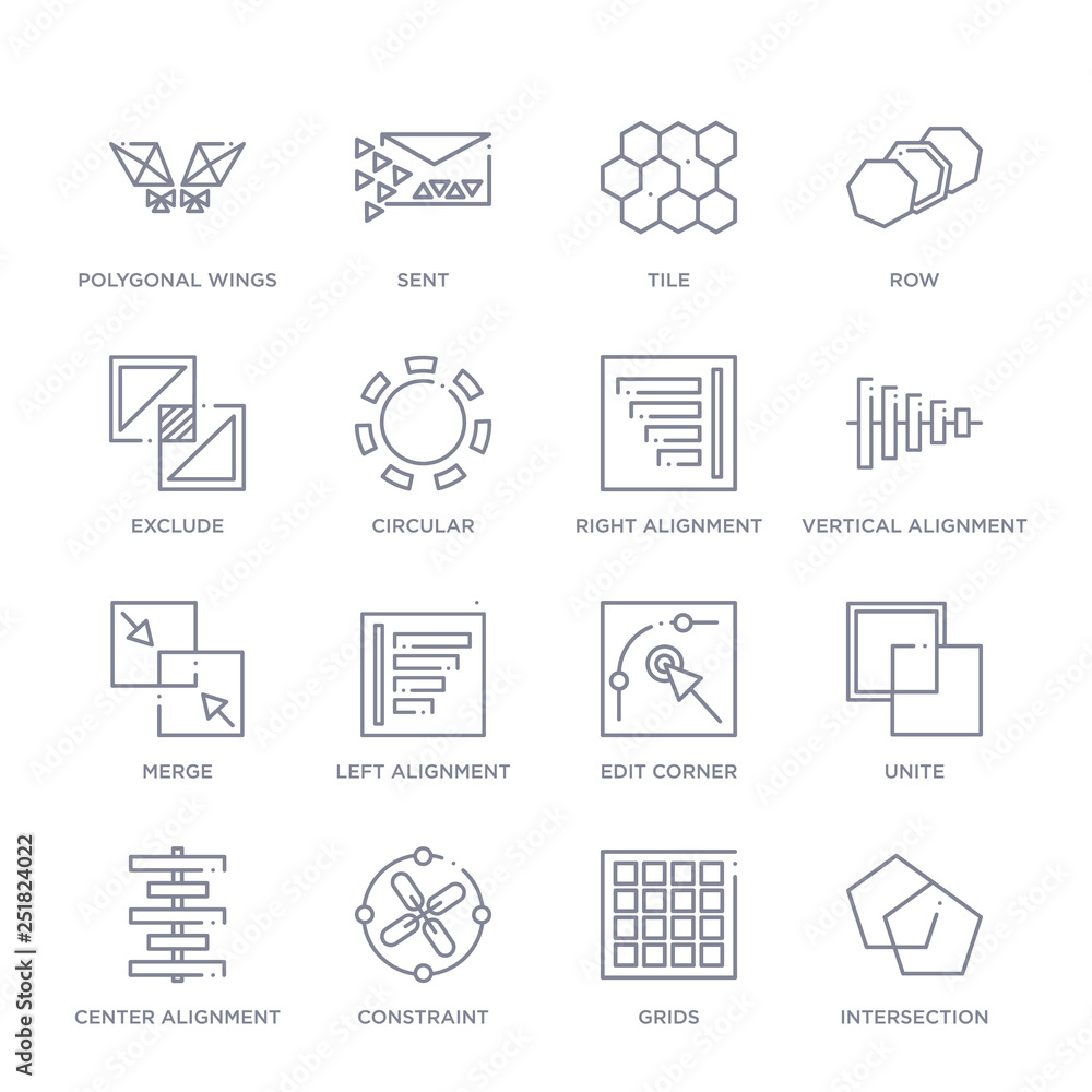 set of 16 thin linear icons such as intersection, grids, constraint ...