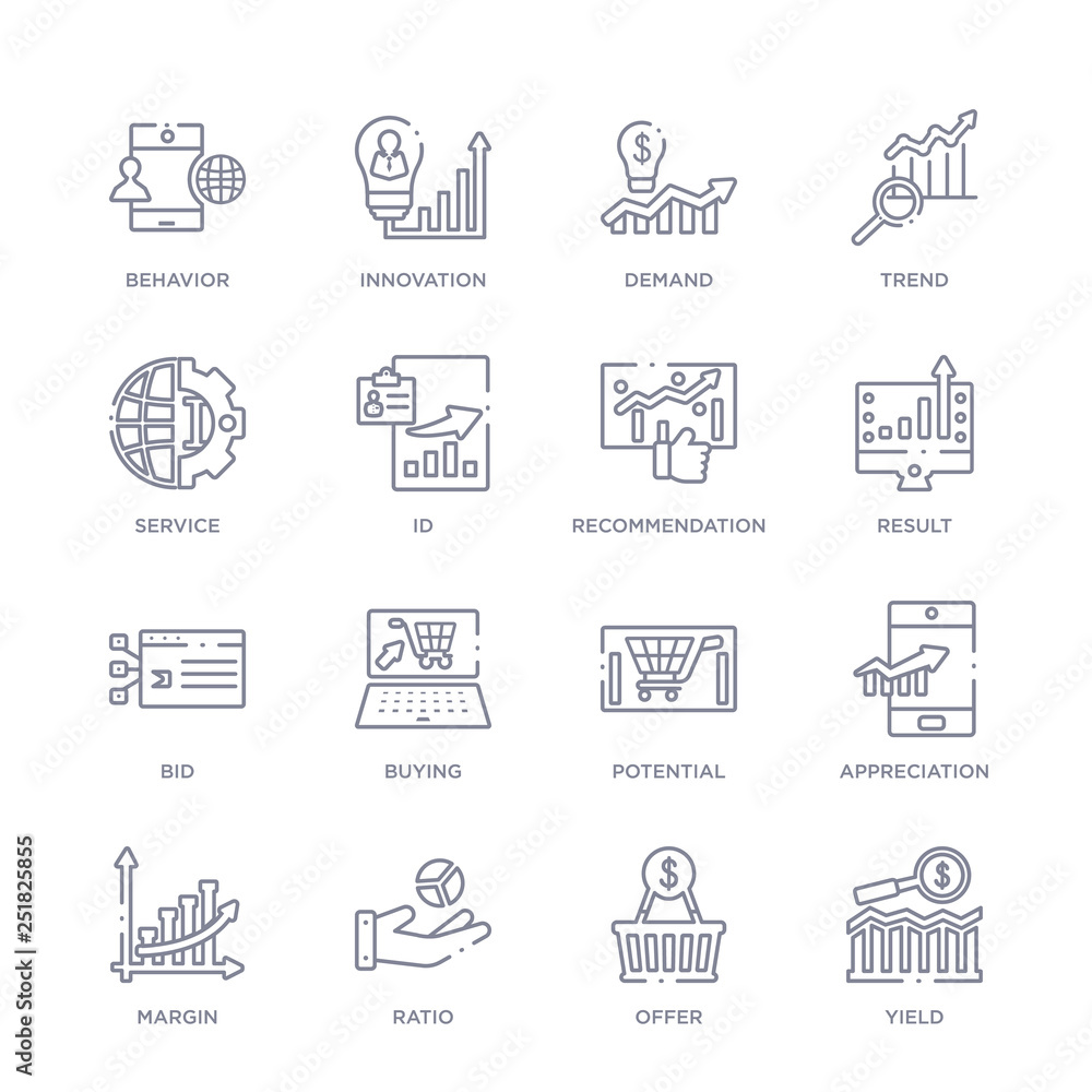 set of 16 thin linear icons such as yield, offer, ratio, margin, appreciation, potential, buying ...
