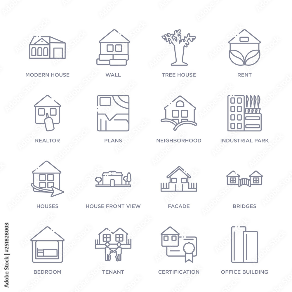set of 16 thin linear icons such as office building, certification ...