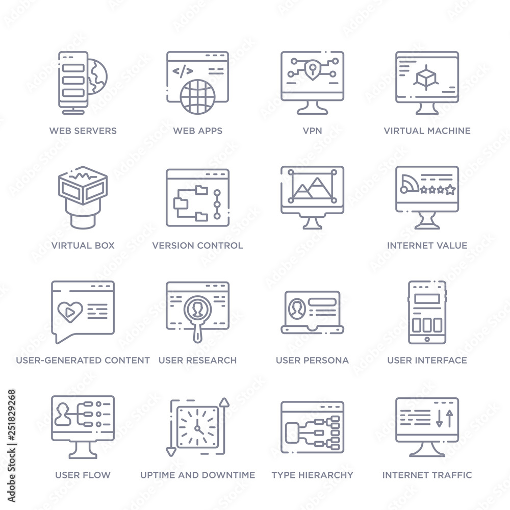 set of 16 thin linear icons such as internet traffic, type hierarchy, uptime and downtime, user ...