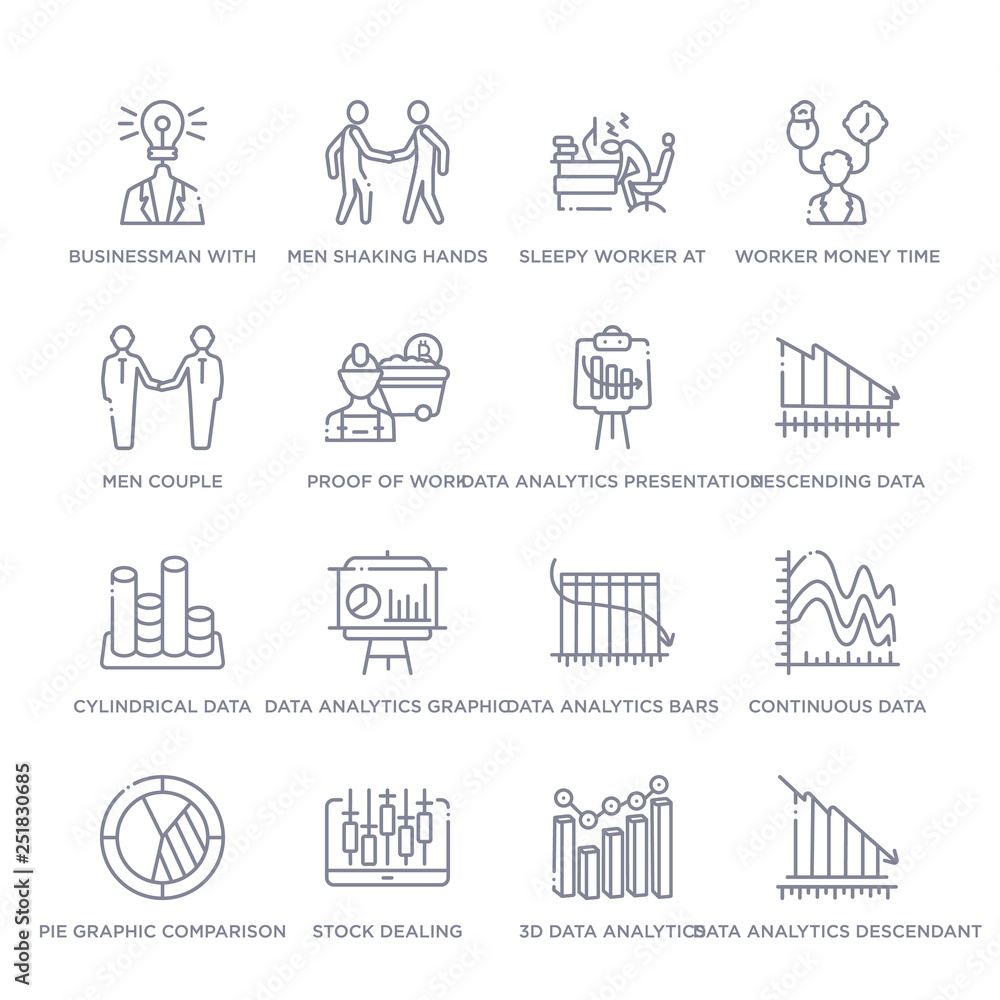 set of 16 thin linear icons such as data analytics descendant graphic, 3d data analytics bars ...