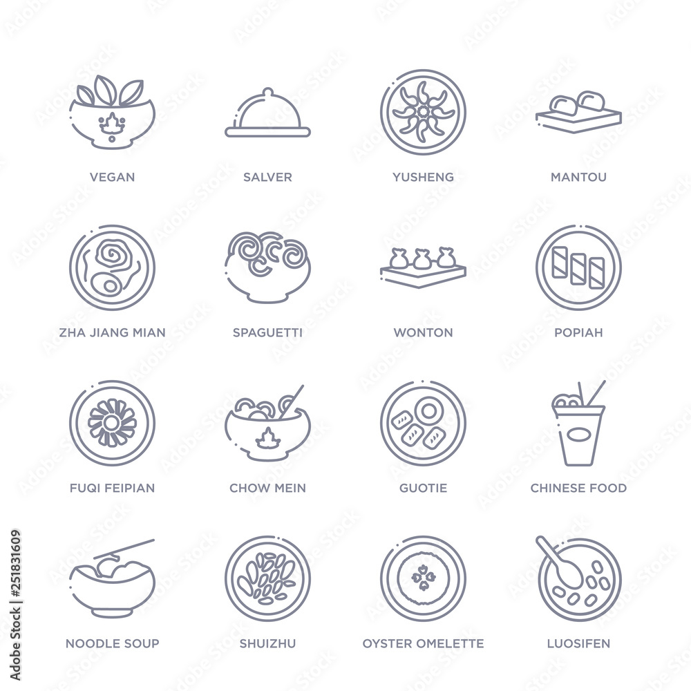 set of 16 thin linear icons such as luosifen, oyster omelette, shuizhu ...