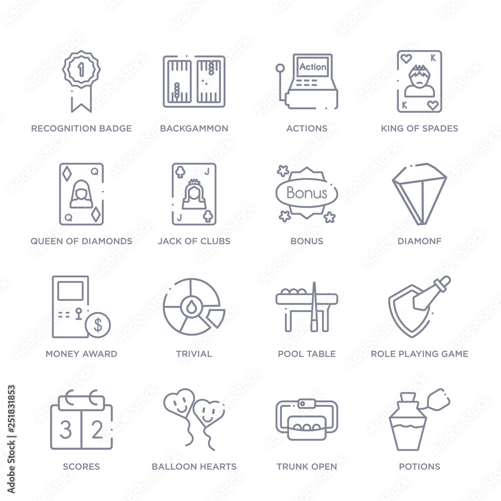 set of 16 thin linear icons such as potions, trunk open, balloon hearts, scores, role playing ...