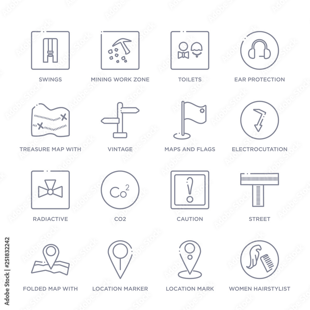 set of 16 thin linear icons such as women hairstylist, location mark, location marker, folded ...