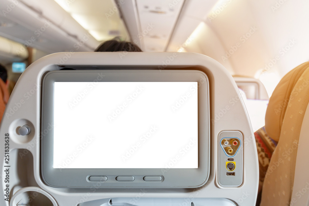 Mockup of Aircraft monitor on cabin in passenger seat plane interior ...