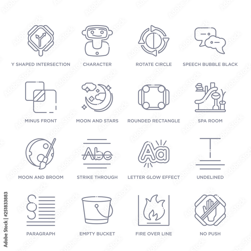 Set Of 16 Thin Linear Icons Such As No Push Fire Over Line Empty Bucket Paragraph Undelined