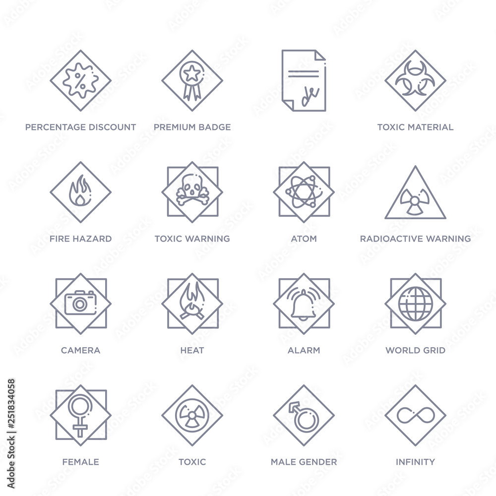 set of 16 thin linear icons such as infinity, male gender, toxic ...