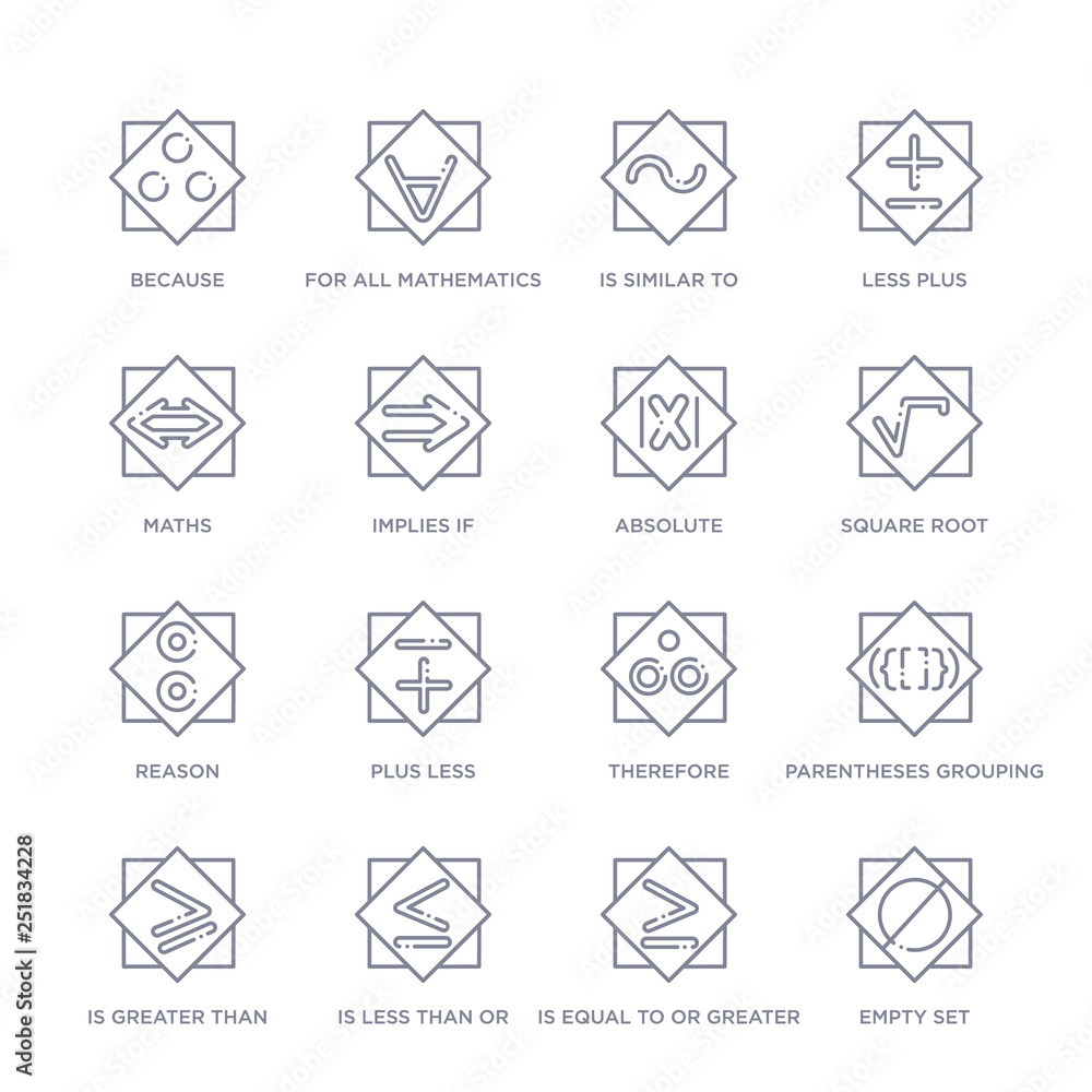 Set Of 16 Thin Linear Icons Such As Empty Set Is Equal To Or Greater